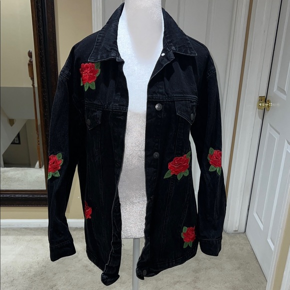 Cello | Jackets & Coats | Cello Black Denim Jacket With Red Floral ...